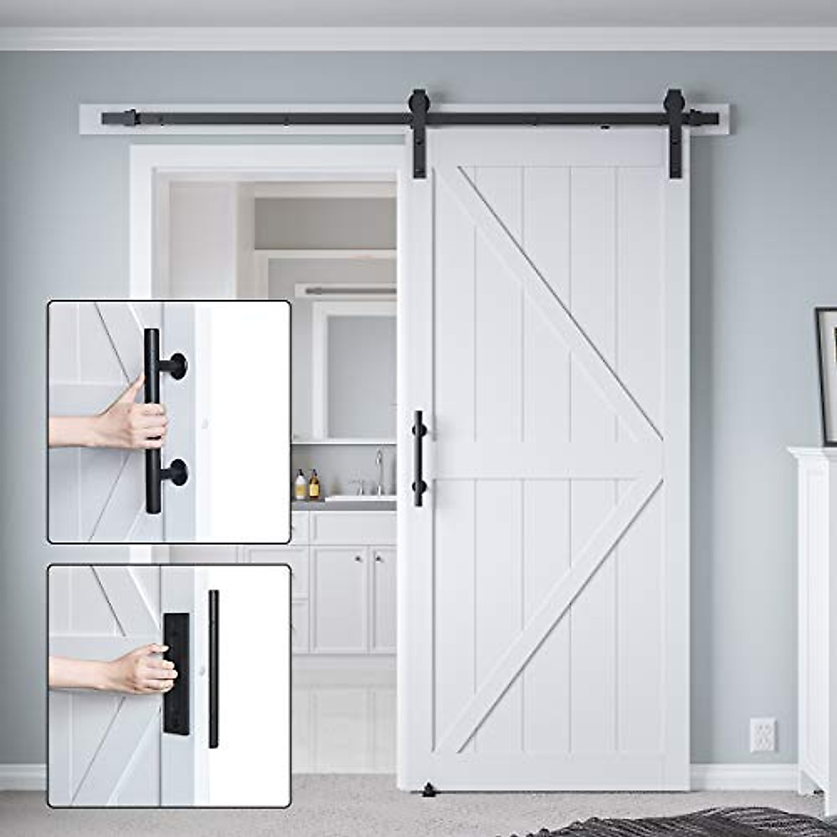 COSHOMER 36in x 84in MDF Sliding Barn Door with 6.6ft Barn Door Hardware Kit & Handle, Pre-Drilled Holes Easy Assembly -Solid Barn Door Slab Covered with Water-Proof PVC Surface, White, K-Frame