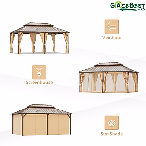 GAZEBEST 12x18 ft Hardtop Gazebo Outdoor Aluminum Patio Gazebo Double Roof Galvanized Steel Canopy with Netting and Curtains for Garden, Backyard, Deck and Lawns.