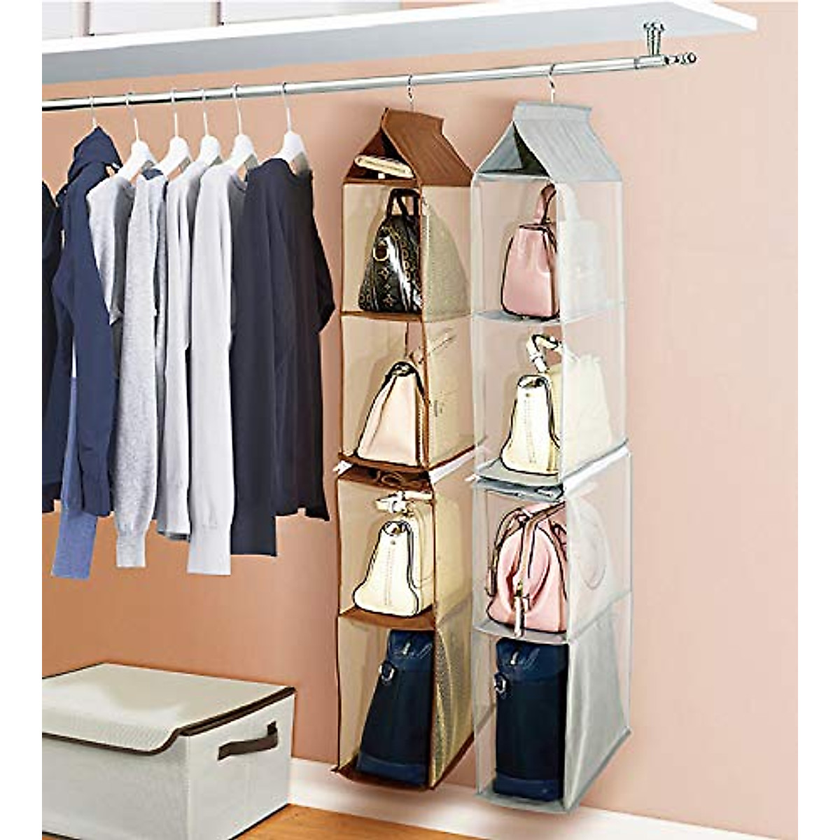 Jucoan 2 Pack Detachable Hanging Handbag Purse Organizer for Closet, Breathable Mesh Purse Storage Holder with 4 Large Mesh Shelves for Wardrobe Closet, 52”X 15.8”, Grey