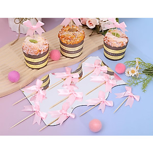 Pink Bow Cupcake Toppers - Pink Bow Cake Topper,Pink Bow Birthday Decorations,Coquette Themed Party Decoration,Bridal Shower Bachelorette Cake Toppers