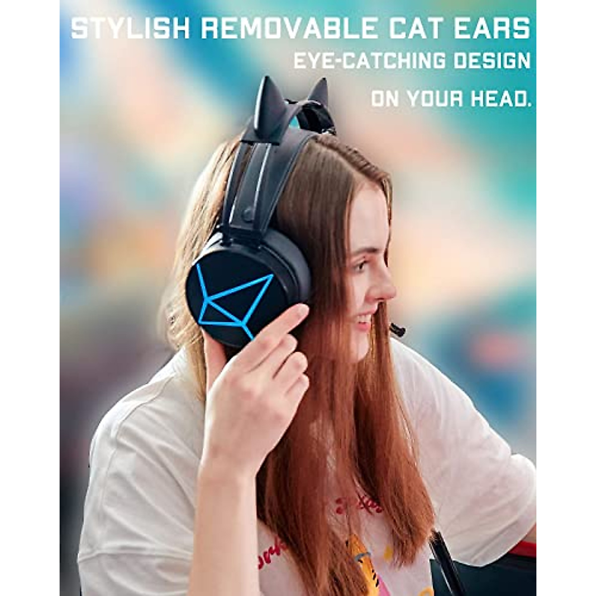 Cat Ear Headphones with Noise Canceling Microphone and Surround Sound, Gaming Headset with Removable Cat Ears, LED Lights, Compatible with PC, Xbox One, PS4, PS5, Switch, Black Gamer Headset Wired