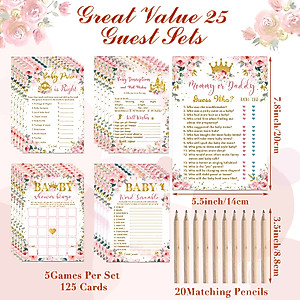 Fumete 125 Pcs Princess Baby Shower Games for Girls 5 Games Cards with 20 Pencils Baby Shower Activities Include Guess Who, Baby Descriptions and Well Wishes, Baby Price, Bingo Game