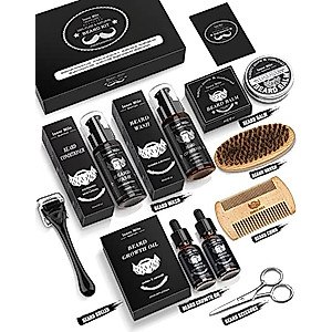 Beard Growth Kit, Beard Kit with Beard Roller, 2 Pack Beard Growth Oil,Beard Brush,Wash Conditioner for After Shave Lotions,Balm,Combs,Razor & Brush Stands Scissor, Christmas Fathers Gifts for Men