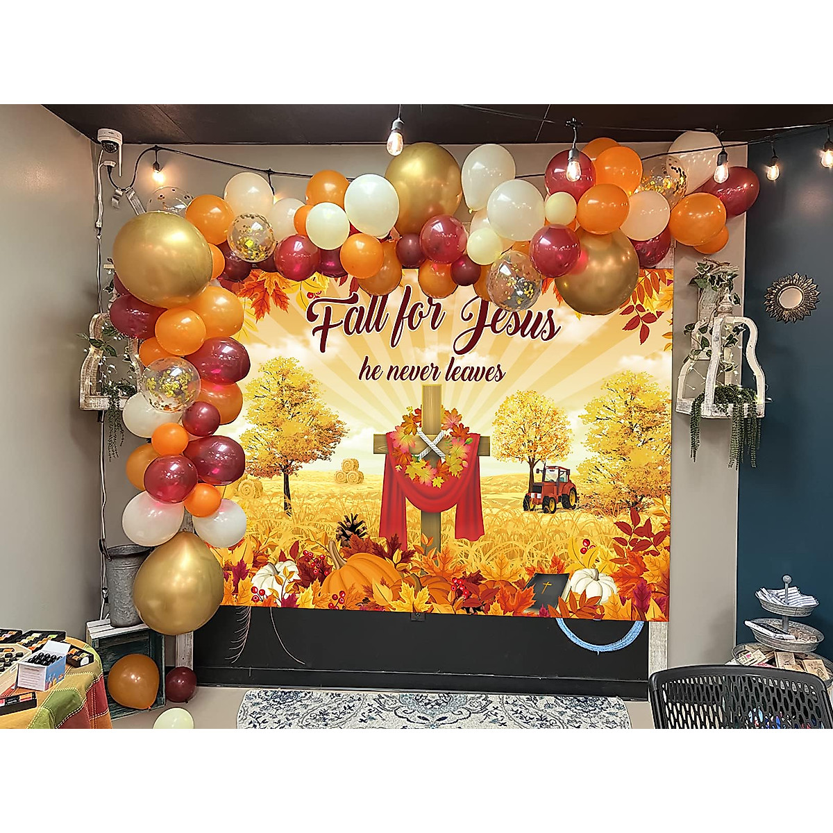 Fall for Jesus Backdrop Autumn Thanksgiving He Never Leaves Photography Background Maple Leaves Pumpkin Sunflower Friendsgiving Christian Religion Supplies Photo Banner (6x4ft(70x40inch))