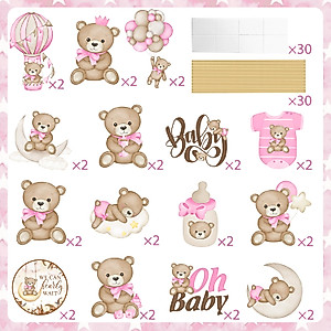 30Pcs Pink Bear Centerpiece Sticks We Can Bearly Wait Baby Shower Decorations Teddy Bear Table Toppers Bear Baby Shower Decorations Bear Centerpieces for Table Girls Baby Shower Supplies