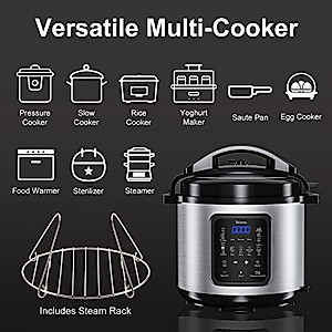 Electric Pressure Cooker: 6 Quart 9-in-1 Multi-Functional Built-in 11 Presets Programs Pressure Pot, 10+ Safety-Features Multi Cooker, Slow Cooker, Rice Cooker, Steamer, Sauté, Yogurt Maker, Warmer & Sterilizer w/ Measuring Cup & Stainless Steel Rack