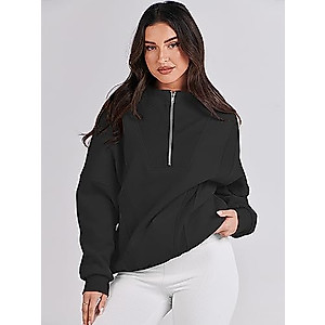 Caracilia Womens Half Zip Sweatshirts Long Sleeve Oversized Cute Hoodies Teen Girls Y2K Fall Winter Trendy Quarter Zip Loose Fit Outfits Sweater 2023 Fall Fashion C115A1-heise-XL Black
