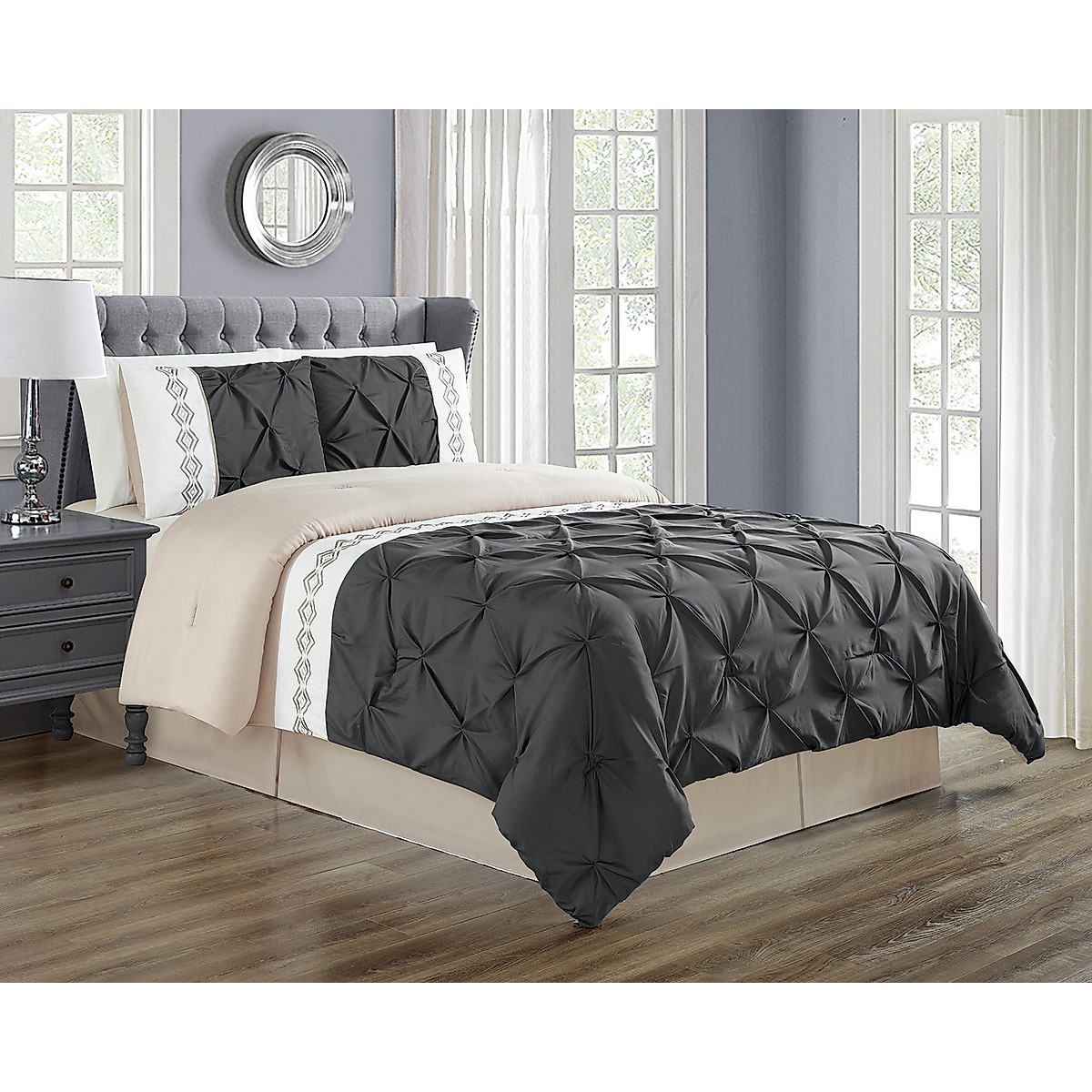 Grand Linen 3 Piece Queen Size Dark Grey/Grey/Gray Double-Needle Stitch Puckered Pinch Pleat-Embroidered Duvet Cover Set