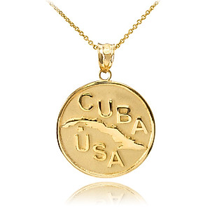 Sideways Crosses Solid 14k Yellow Gold CUBA-USA Medallion Pendant Necklace, 22"