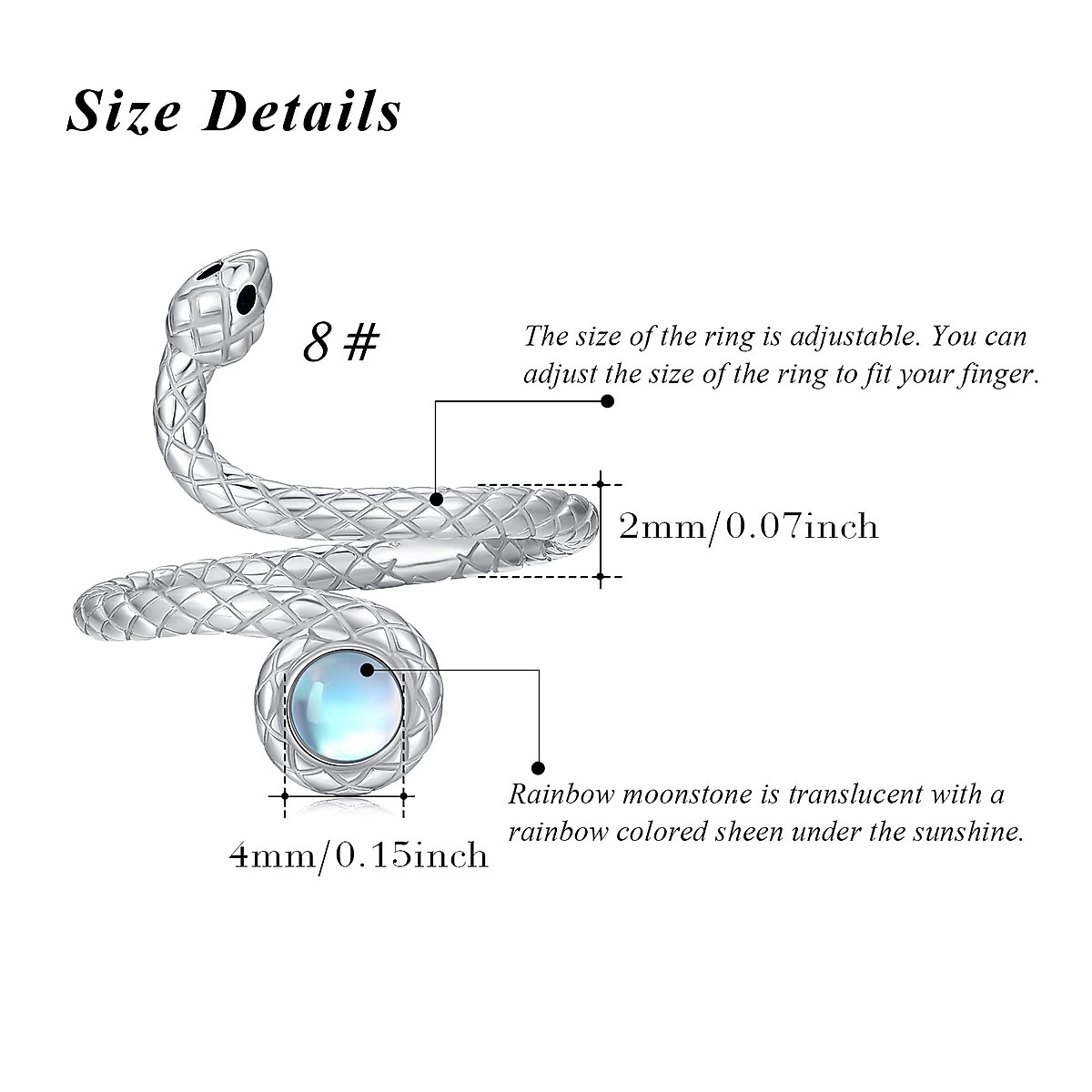 AOVEAO Snake Rings 925 Sterling Silver Opening Wrap Adjustable Size Rainbow Moonstone Ring Spoon Serpent Ring for Snake Lover Goth Cool Dainty Jewelry for Women