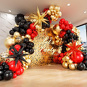 FOTIOMRG Red Black Gold Balloons Arch kit with 3pcs Star Balloons, Red Black and Gold Balloons Garland for Anniversary Casino Night Hollywood New Years Movie Night Birthday Decorations