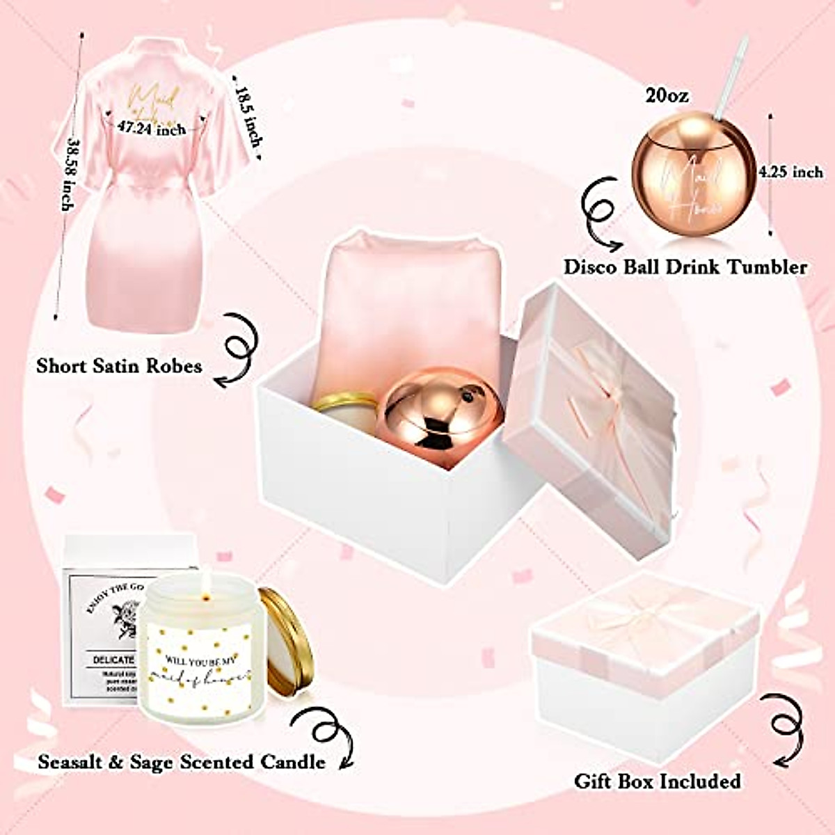 Maid of Honor Proposal Gifts Includes Maid of Honor Short Silk Robes Will You Be My Maid of Honor Bridesmaid Candle Drink Tumbler with Straw and Gift Box for Wedding Bachelorette Party(Maid of Honor)