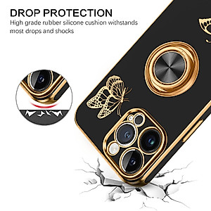 BENTOBEN for iPhone 14 Pro Max Case with Ring Holder, Butterfly Design Women Girl Phone Case Slim Fit Luxury Shockproof Non-Slip Support Car Mount Protective Case for iPhone 14 Pro Max 6.7",Black