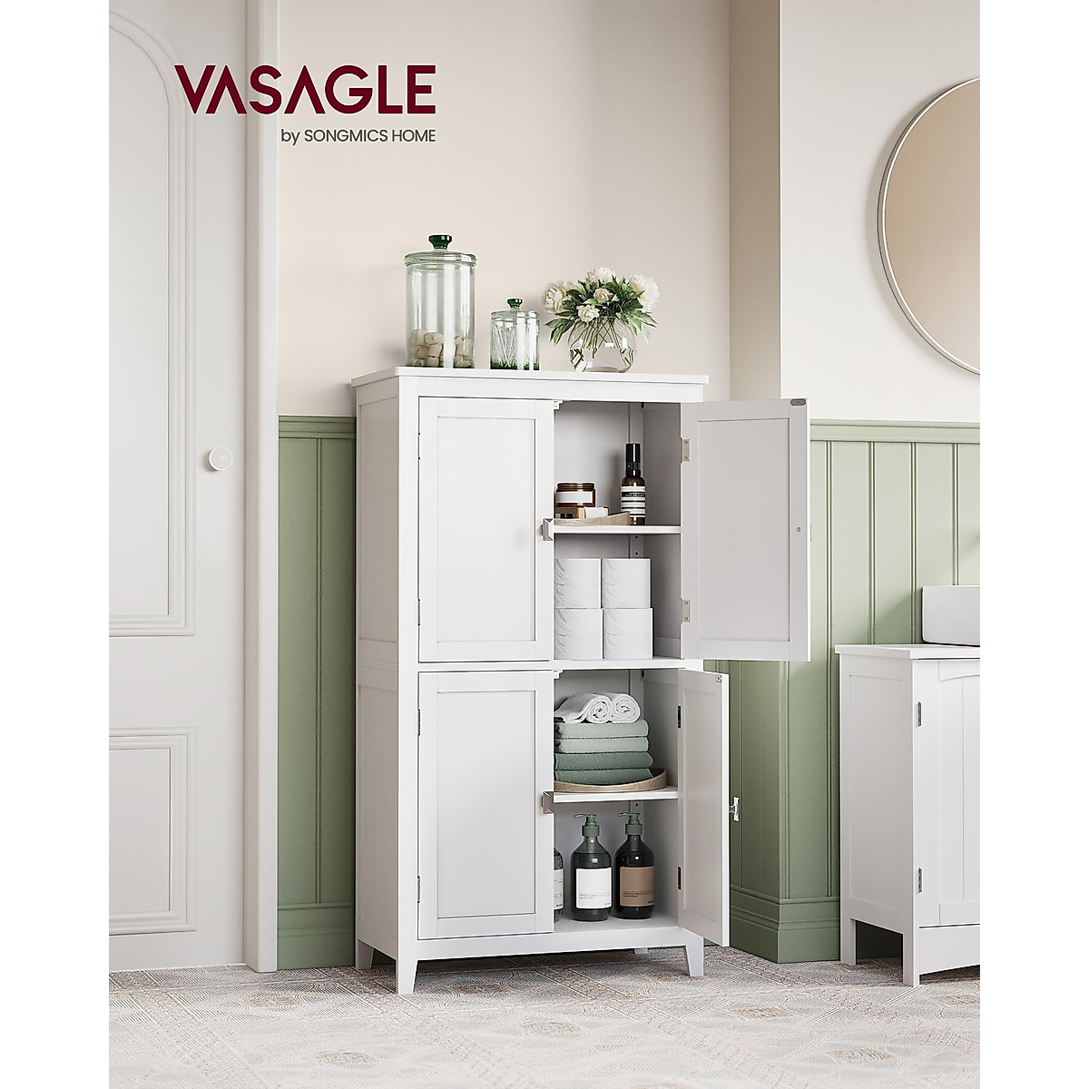 VASAGLE Bathroom Floor Storage Cabinet, Bathroom Storage Unit, Freestanding Cabinet with 4 Doors, Adjustable Shelves, 11.8 x 23.6 x 43.3 Inches, White UBBC552P31
