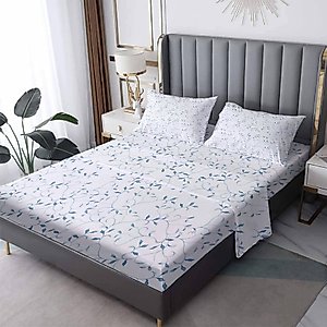 Plant Sheets Full Size, Leaves Botanical Bed Sheets, Patterned Bedding Sheets & Pillowcases 4 Piece Set - Soft Microfiber Deep Pocket Fitted Sheet & Flat Sheet & 2 Pillow Cases S3-&-11