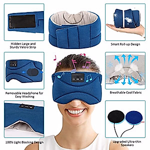 Bluetooth Sleep Mask with 24 White Noise, Ultra-Thin Speaker Cold Pack Blockout Bluetooth Eye Mask Sleep Headphones for Side Sleepers, Airplane, Travel, Cool Gadgets for Women Man (Blue)