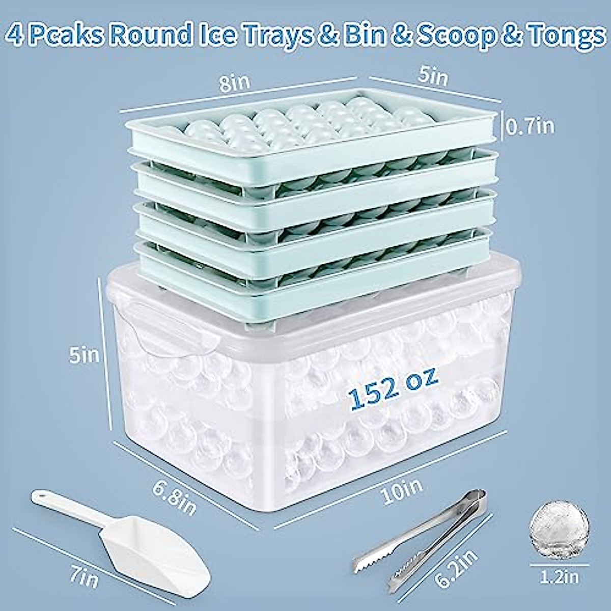 Ball Ice Cube Trays for Freezer: Round Ice Cube Tray with Lid - Circle Ball Ice Trays for Freezer with Bin - Sphere Ice Cubes Mold for Drinks - 4 Packs