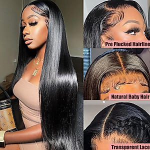 MYSTERY Straight Lace Front Wigs Human Hair 13x4 Human Hair Lace Front Wigs Pre Plucked 150% Density Glueless Human Hair Wigs for Black Women Natural Black with Baby Hair (22 Inch)