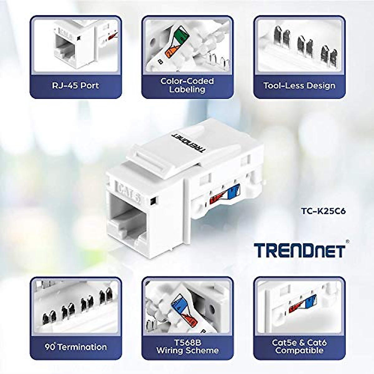 TRENDnet Cat6 Keystone Jack, 25-Pack Bundle, 90° Angle Termination, Compatible with Cat5, Cat5e, Cat6 Cabling, Color-Coded Labeling, Gold-Plated Contacts, Tool-Less Design, White, TC-K25C6