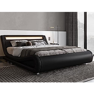 Allewie Full Size LED Platform Bed Frame with Adjustable Headboard/No Box Spring Need/Easy Assembly/Faux Leather in Black
