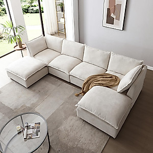 KIVENJAJA 130”W Oversized U-Shaped Down Filled Sectional Couch, 6 Seater Comfy Modular Cloud Sofa with 2 Ottomans, Modern Sleeper Sofa for Living Room, Linen Fabric, Beige