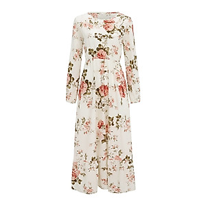 LKPJJFRG High Waist Smocked Flowy Tiered Mixi Dress V Neck Batwing Sleeve A line dress Loose Casual party T shirt long Dress Beige