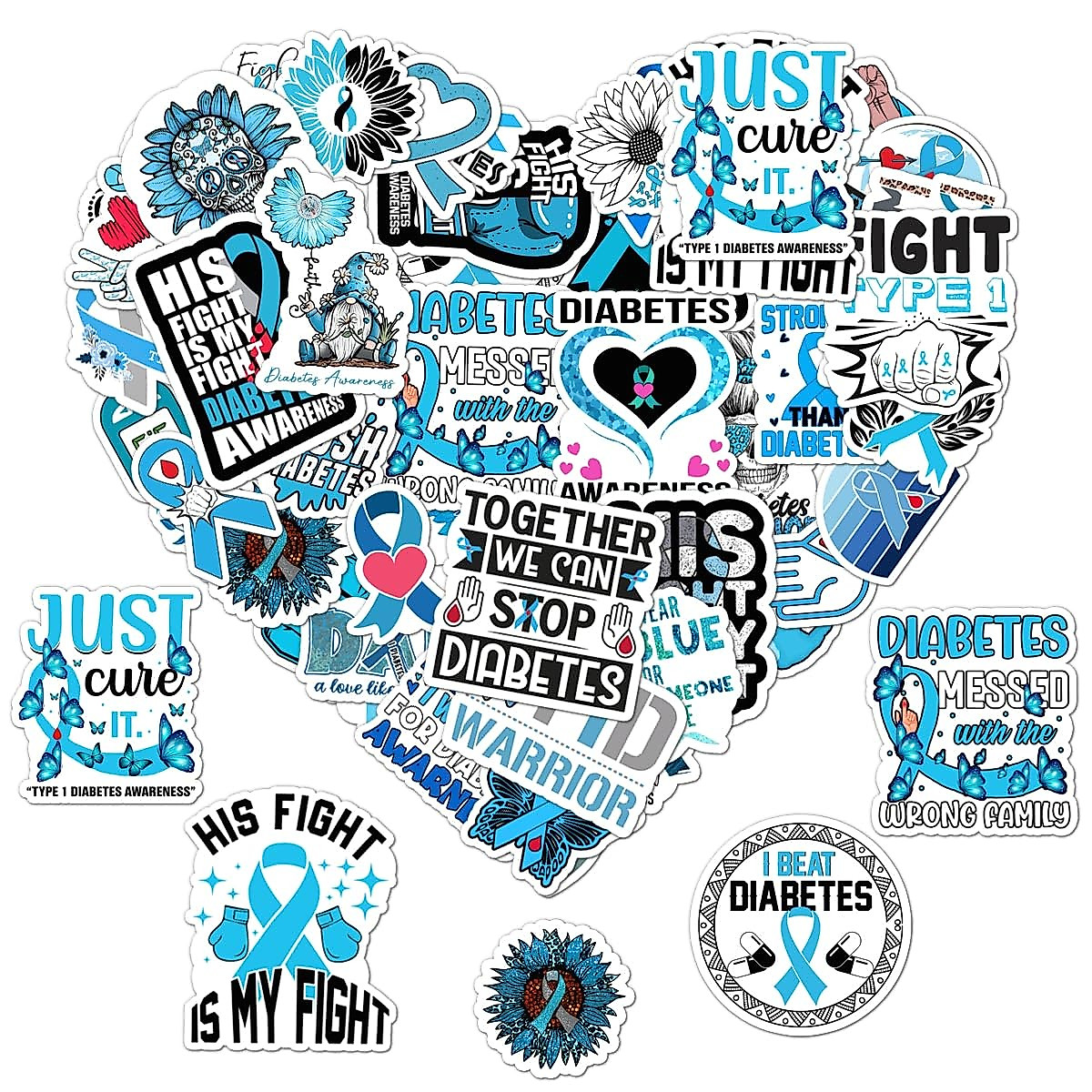 50 Pack Pcs Type One Diabetes Awareness Ribbon Stickers for Water Bottles Waterproof Vinyl Laptop Funny Inspirational Sticker Packs Bulk Set Teens Adults Aesthetic Small Decals