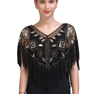 Rlosjin 𝟏𝟗𝟐𝟎𝐬 𝐒𝐡𝐚𝐰𝐥 𝐟𝐨𝐫 𝐖𝐨𝐦𝐞𝐧, Sequin Beaded Bridal Shawl, Dab Dinner Shawl, Prom Shawl, Dinner Scarf, 𝐃𝐫𝐞𝐬𝐬 𝐏𝐚𝐫𝐭𝐲 𝐒𝐡𝐚𝐰𝐥- Black Gold