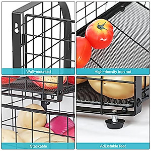 JKsmart Fruit and Vegetable Basket, Stackable Countertop Tiered Baskets for Potato Onion Storage,2-Tier Wall-mounted Kitchen Wire Storage Baskets for Fruit Veggies Produce Snack Canned Foods,Black