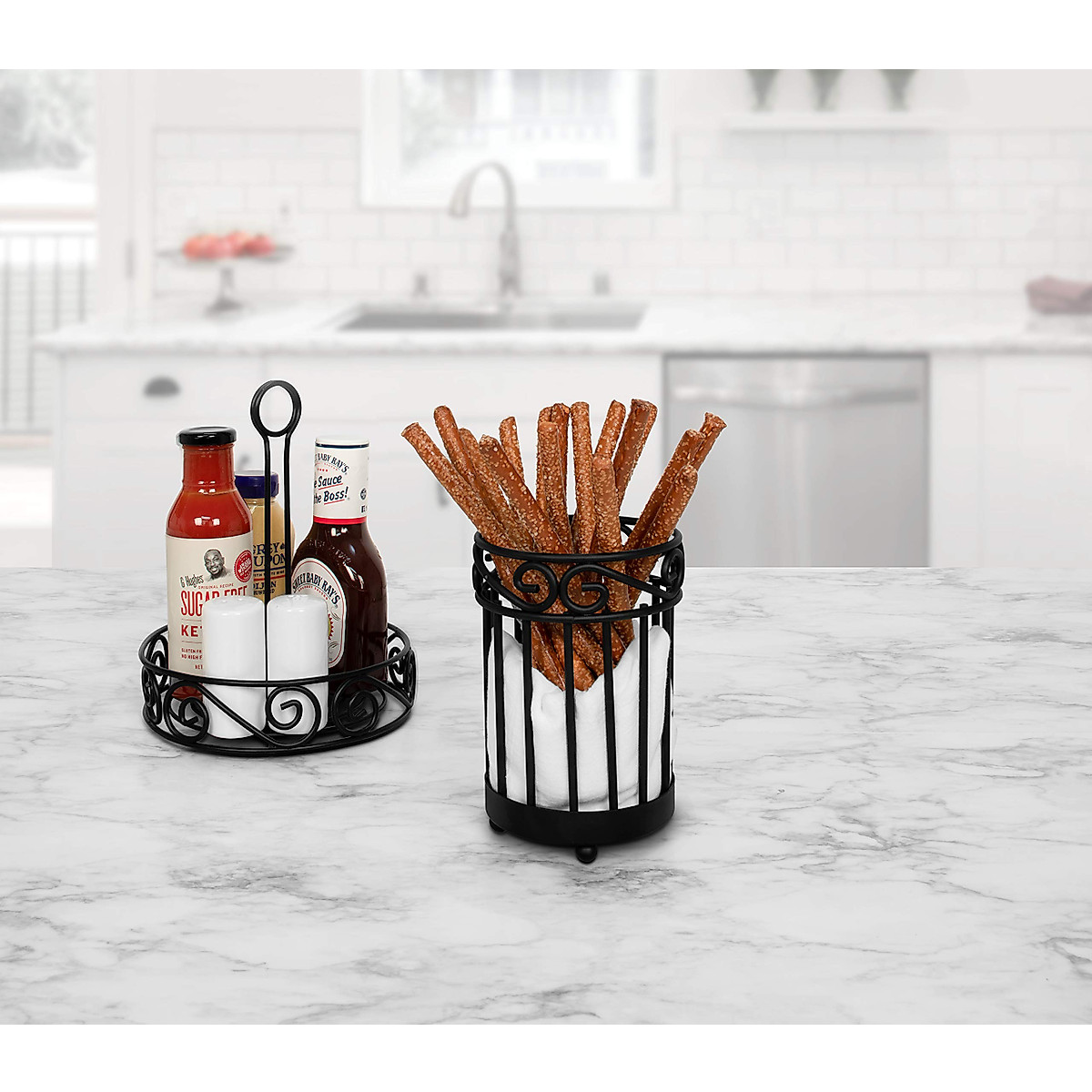 Spectrum Diversified Scroll Round Holder & Kitchen Countertop Organizer Stylish Cooking Utensil Crock for Traditional Kitchen Organization & Storage, Cutlery & Flatware Caddy, Black