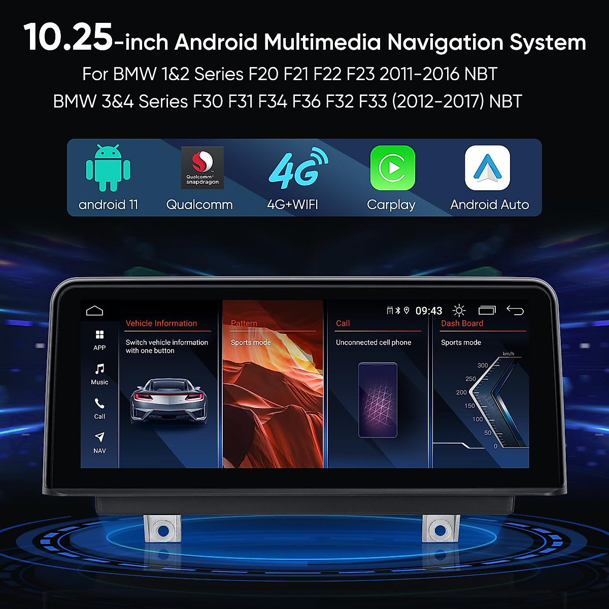 for BMW 3 4 Series F30 F31 F34 (2012-2017) F20 F21 F22 F23 Upgrade Radio Stereo Car Radio Qualcomm 665 (4GB + 64GB) Built-in 4G LTE GPS Navigation Apple CarPlay Android Auto10.25 inch Touch Screen