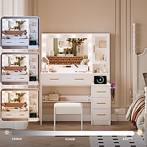 35.4" Makeup Vanity Desk with Charging Station, White Makeup Dressing Table with Mirror & Lights, 3 Lighting Modes Adjustable Brightness, Vanity Table with Power Outlet &5 Drawers Gold Handle