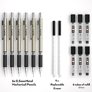 Nicpro 0.7 mm Art Mechanical Pencils Set, 6 PCS Metal Drafting Pencil 0.7mm Tube HB Lead Refills & 18 Cap Eraser for Adults, Children, Artist Writing, Drawing, Sketching, Black, 1 Count (Pack of 6)