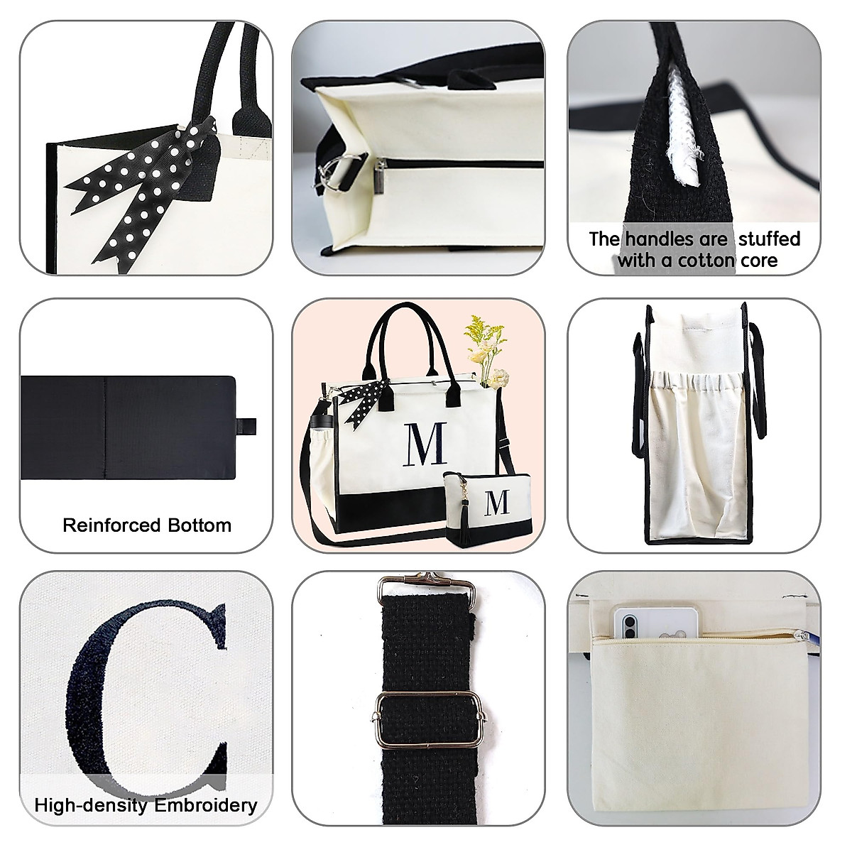 BeeGreen Gifts for Coworkers Mom Personalized Tote Bag Initial Canvas Tote Embroidery Bag Unique Monogram Gift Basket with Makeup Bag & Zipper Pouch for Office Teacher Hostess Sister A