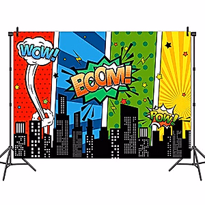 Superhero Super City Photography Backdrop Skyline Buildings Kids Boys Happy Birthday Party Banner Supplies Baby Shower Background Photo Studio Props 5x3ft Vinyl