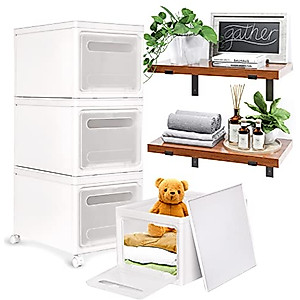 Plastic Storage Bins With Lids + Floating Shelves Wall Shelves - Storage Containers For Organizing, Stackable Storage Bins With Wheels + Set of 2 Wall Shelves for Bedroom, Wood Shelves