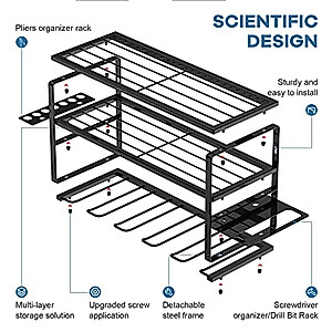 Power Tool Organizer, Garage Organization with 5 Drill Holders, Amoowis Organizers and Storage Wall Mount, Metal Shelf Heavy Duty, Utility Rack for Screwdriver Pegboard Shed, 5 holders