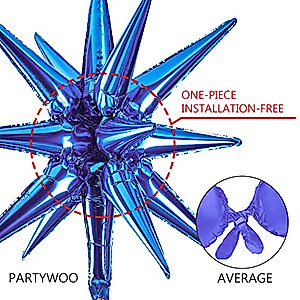PartyWoo Dark Blue Star Balloons 6 pcs, One-Piece 14-Pointed Starburst Balloons, 27 & 22 inch Star Explosion Balloons with Ribbon, Point Star Foil Balloons, Large Mylar Balloons for Party Decorations