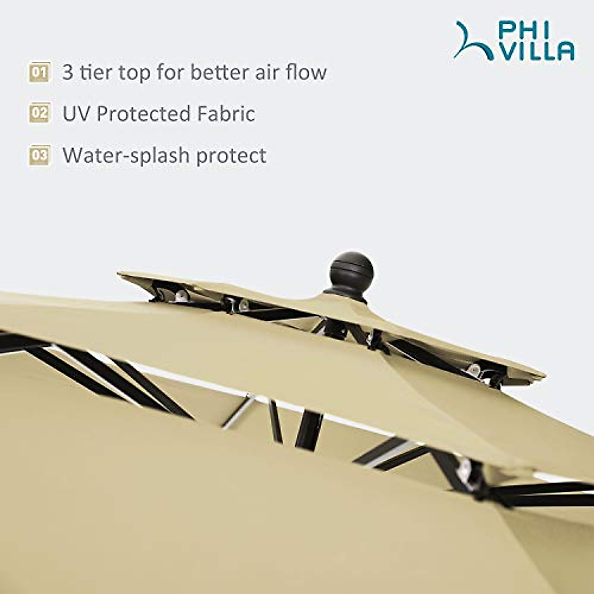 PHI VILLA 10ft Patio Umbrellas, Outdoor 3 Tier Vented Market Table Umbrella with 1.5" Aluminum Pole and 8 Sturdy Ribs, (Beige) for Poolside, Garden Terrace