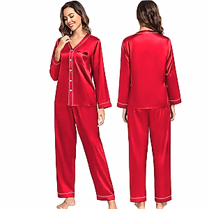 SWOMOG Satin Couples Matching Pajamas Set Silk Long Sleeve Sleepwear Nightwear Loungewear Red