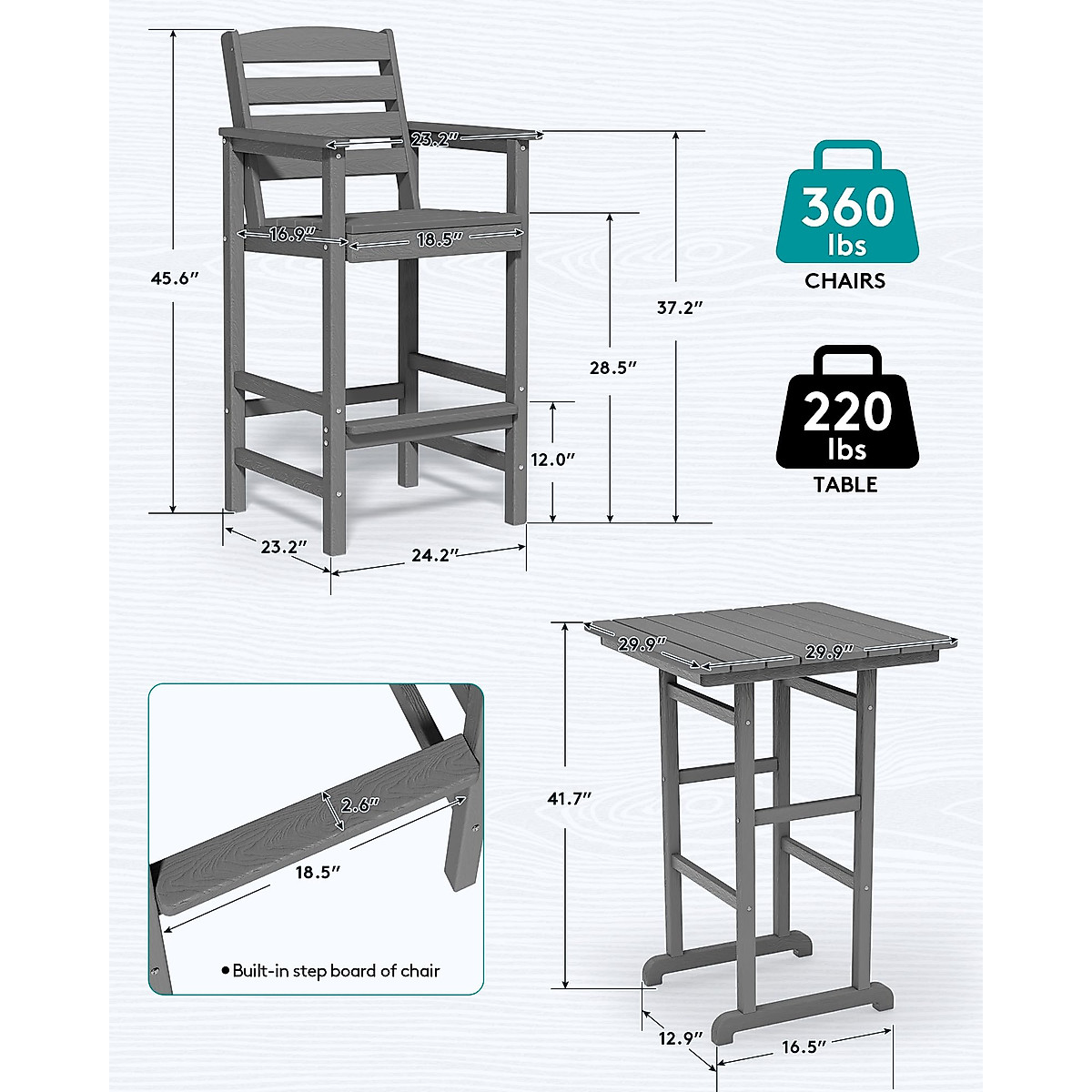 SERWALL Balcony Adirondack Chairs and Table 3 Pieces Set, Adirondack Bar Height Chairs Set of 2 and Bar Table, Outdoor Bar Stools Set, Gray