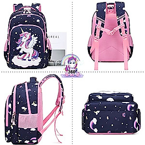 Dafelile Unicorn Backpack for Girls School Backpack Unicorn Bookbag 3 in 1 Set for Girls Elementary with Chest Strap and Lunch Bag