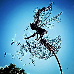 Tiyazxw Fairies Dandelions Garden Stainless Steel Fairy Ornaments, Garden Sculptures and Statues Flying Fairy Sculptures Yard Art Ornaments, Dancing Fairy Dandelion Garden Decoration, Feel love and ho