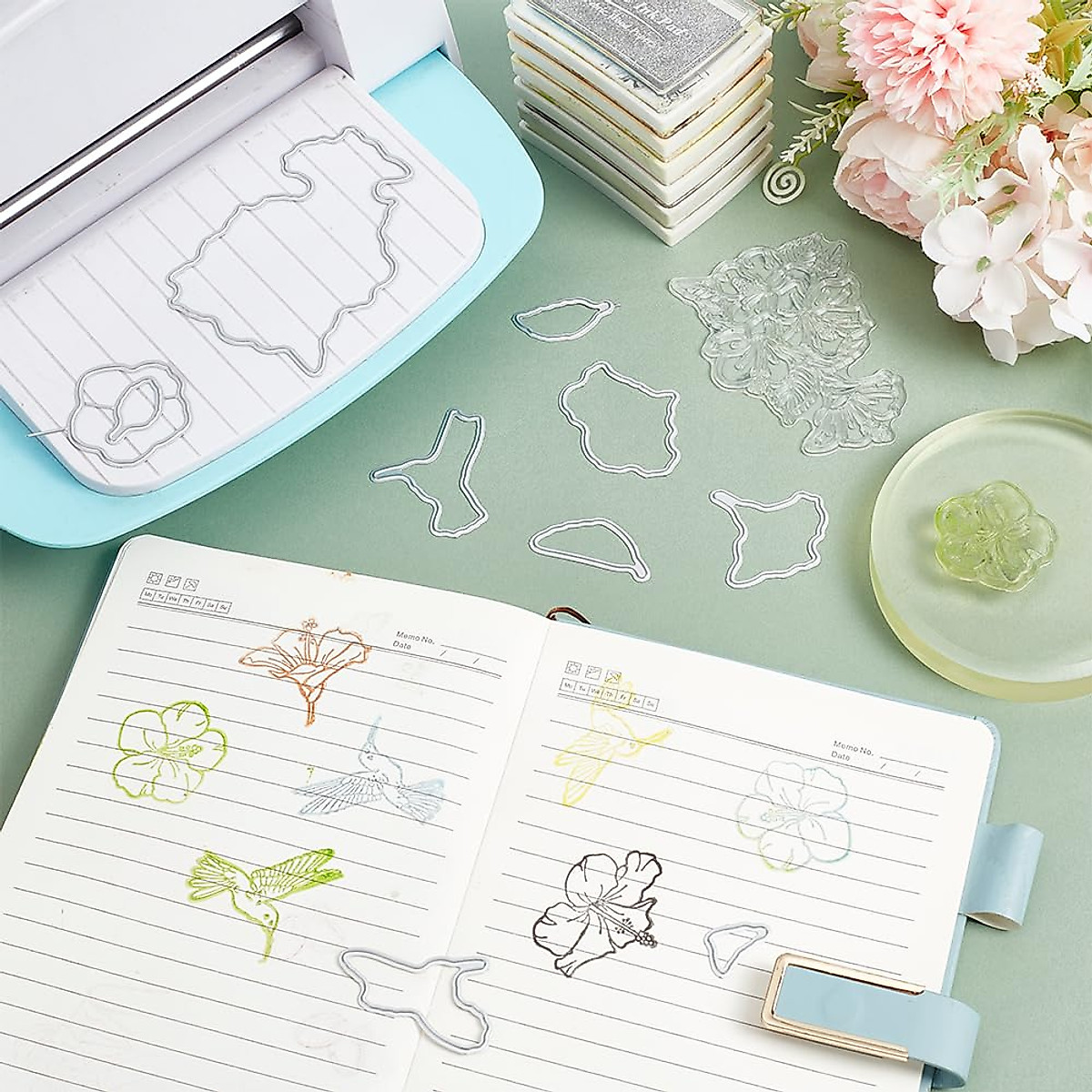 INFUNLY Die and Stamp Set for Card Making Hibiscus Flower Cutting Dies Clear Stamp Set Hummingbird Silicone Stamps Die Cut 3D Stencil Template for DIY Scrapbooking Christmas Craft Album Decoration