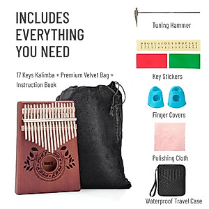UNOKKI Kalimba 17 Key Thumb Piano with Ore Steel Tines, Includes Hard Case, Portable Mahogany Mbira with Instruction, Finger Covers & Tune Hammer, Gift for Kids, Adults, Men and Music Lovers (Cherry)