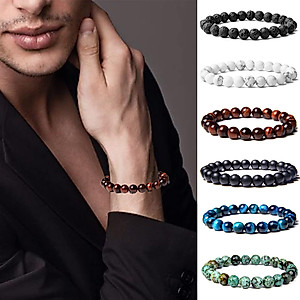 CASDAN 12PCS 8mm Semi-Precious Gemstones Beaded Bracelets for Men Women Tiger Eye Lava Rock Healing Crystal Stone Bead Bracelets Set (A: 12 PCS)