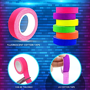 yuntop 6 Colors Neon Cloth Tape Fluorescent UV Blacklight Glow Neon Party Fiesta Party Blacklight Reactive Glow in The Dark Neon Gaffer Cloth Tape Supplies for Events Adhesive Black Light Tape Sets