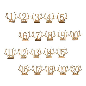 Messar Antler Wedding Table Number Set, 1-20 Animal Antler Shape Deer Horn Wooden Table Numbers with Holder Base for Reception Stands Décor for Wedding Events Birthday Party (Style 1)
