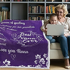 mami home Best Nana Ever Blanket Gift - Wonderful Blankets for Granny with Thick Double Layered Fleece and Sherpa Blanket Fabric | Wholesome I Love You Nana Gifts from Grandchildren Purple 50x60