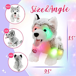 Athoinsu Light up Husky Dog Stuffed Animal Soft Glowing Plush Puppy Toy with Magic LED Night Lights Valentine's Day Children's Day Birthday for Toddler Kids, 8''